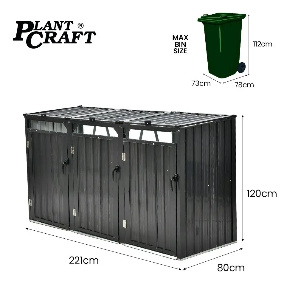 PlantCraft Triple Steel Wheelie Garbage Bin Storage Shed, Enclosure ...