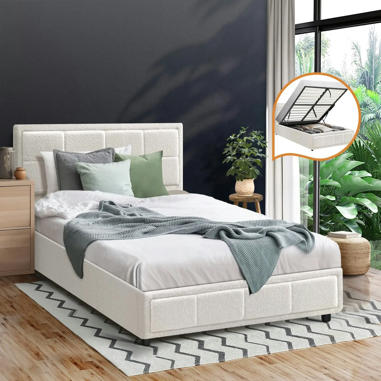 Oikiture Bed Frame King Single Gas Lift Storage Bed Platform Boucle ...