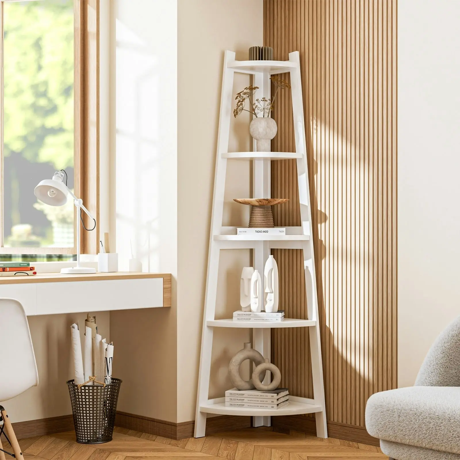 Oikiture Corner Ladder Shelf 5 Tier Home Storage Display Stand Bookshelf White Kamprads Oikos 1943 Lasoo